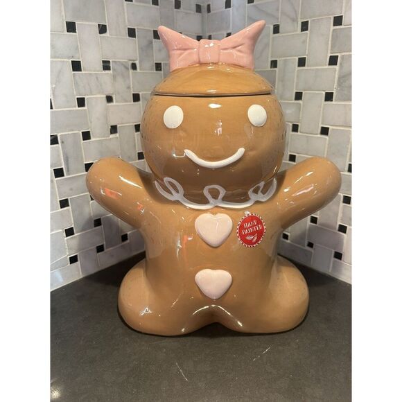 Peppermint | Kitchen | Gingerbread Girl Cookie Jar Pink Bow Hearts 2 ...